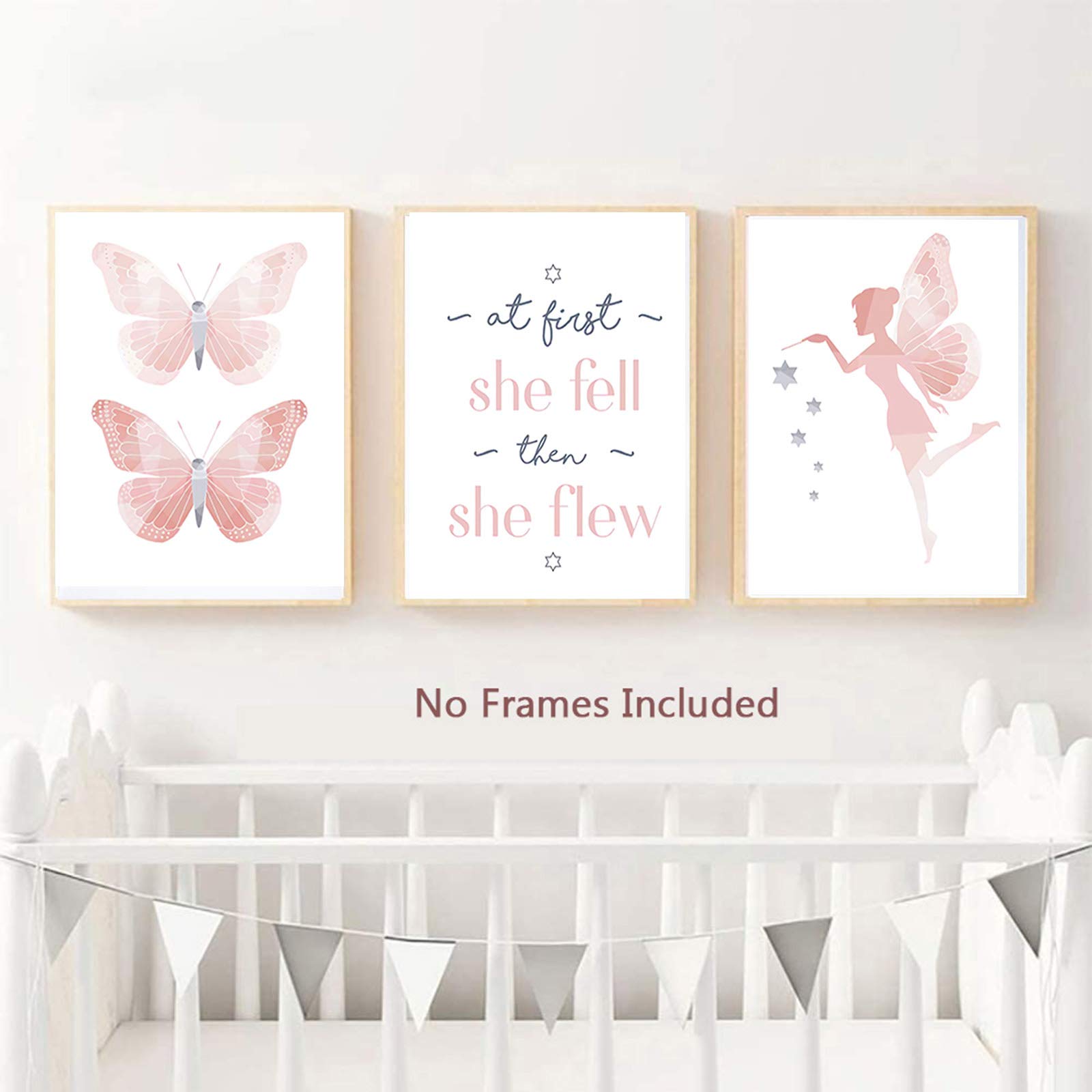 TIICA 3 Pcs Pink Butterflies Nursery Wall Art Prints, Unframed Watercolor Baby Girl Inspirational Quote Wall Decor Artwork, 8"X10"