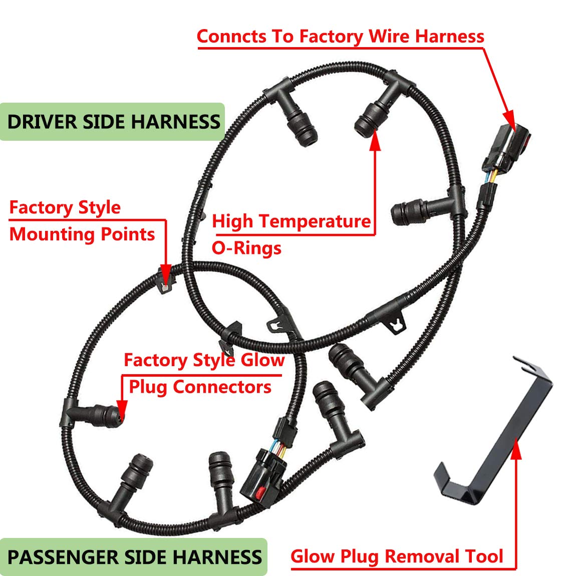 3C3Z-12A690-AA Powerstroke 6.0 Diesel Glow Plug Harness Kit Includes Right Left Harness Removal Tool,Compatible with 2004-2010 Ford 6.0L V8 Powerstroke Diesel Engine Ford F-250 F-350 F-450 Super Duty