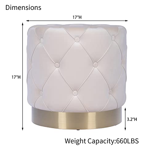 Modern Velvet Round Tufted Ottoman Button Stool with Gold Metal Base β Upholstered Footrest for Bedroom Living Room (Beige4, Large)