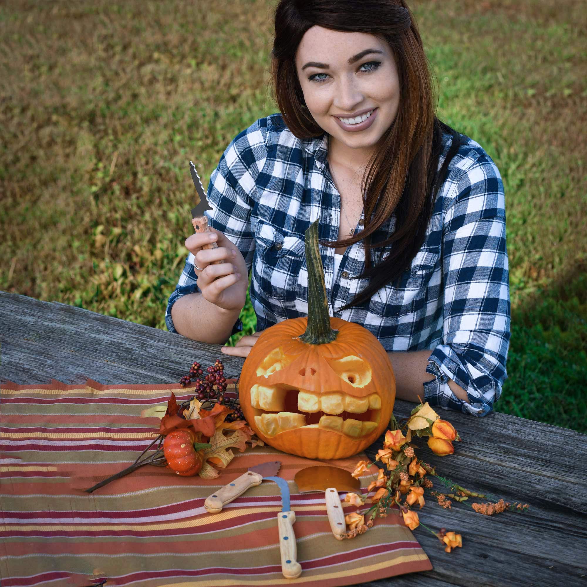 Creative Carving NEW 4 Piece Pumpkin Carving Kit with Woode Case: (Plus Pumpkin Carving Stencil E-Book) Sturd Stainless Steel and Wood Handled Carving Tools | Crafted for Safety and Efficiency