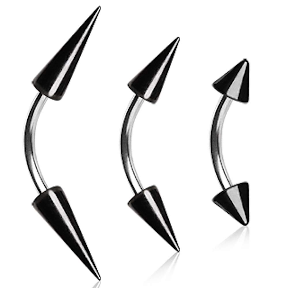 316L Surgical Steel Curved Barbell with Black PVD Plated Spikes (16GA, Length: 5/16", Ball Size: 4x12mm)