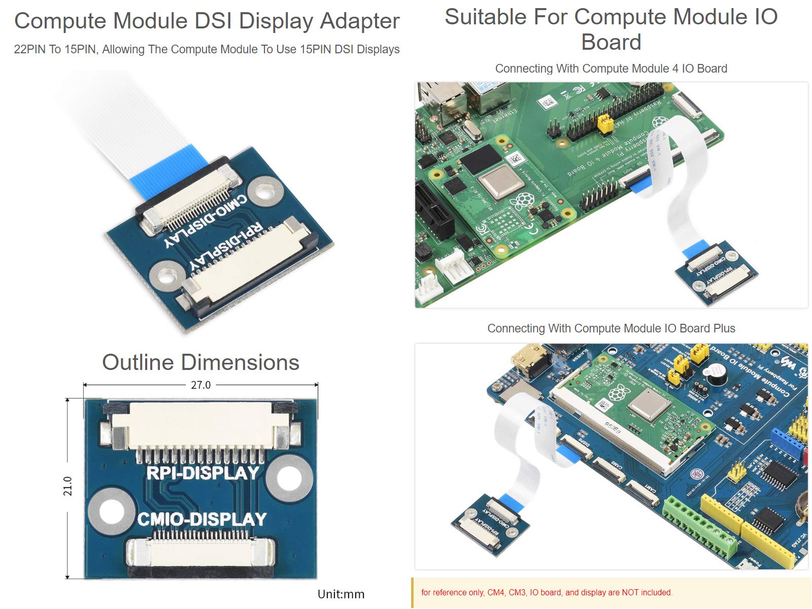 Waveshare Compute Module DSI Display Adapter 22PIN to 15PIN Allowing The Compute Module to Use 15PIN DSI Displays Suitable for Compute Module IO Board