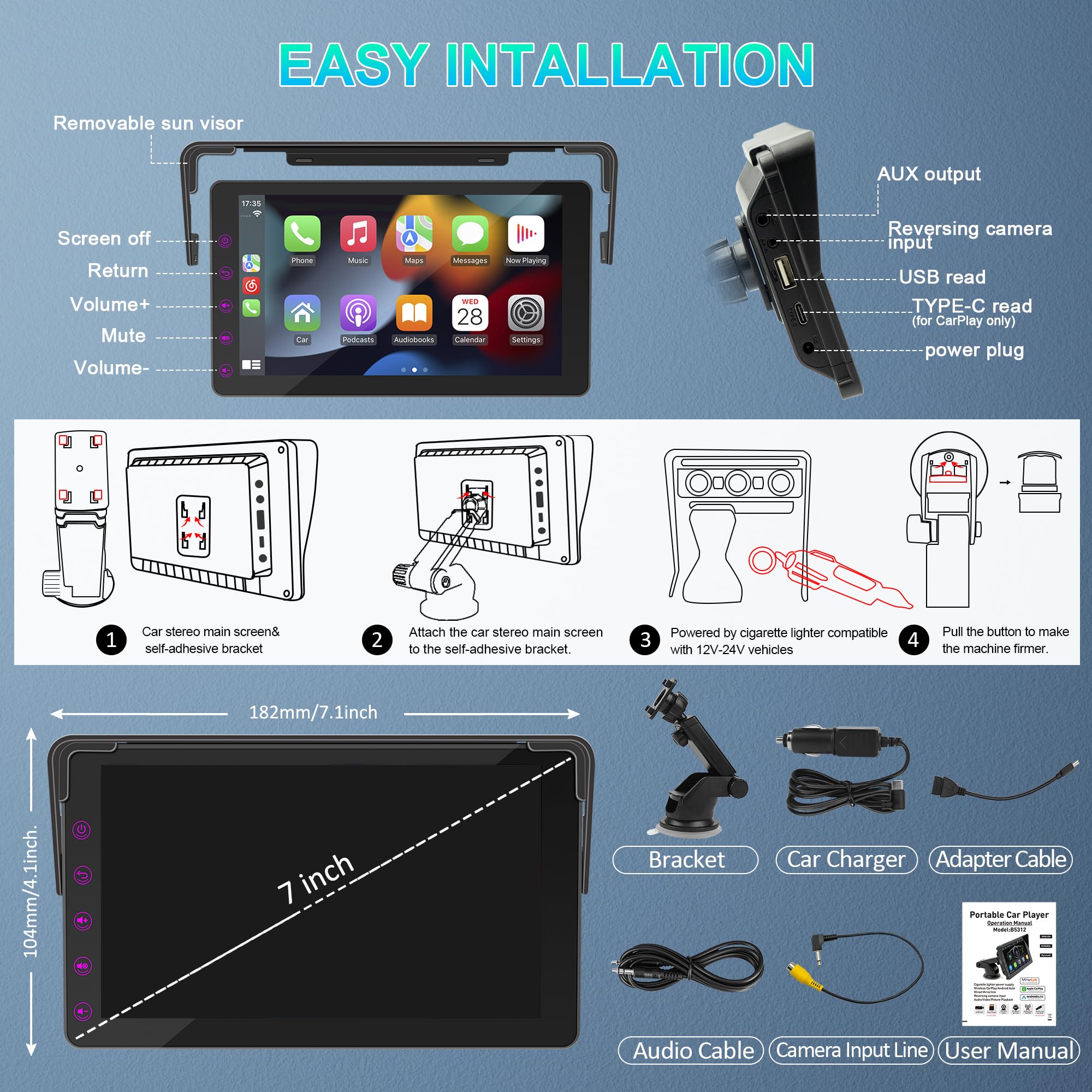 7" HD Double Din Car Stereo,Portable Wireless Dash Mount Apple CarPlay&Android Auto,Touchscreen Display,HD Backup Camera,Bluetooth,Mirror Link,FM,Drive Mate CarPlay Navigation Screen for All Vehicles