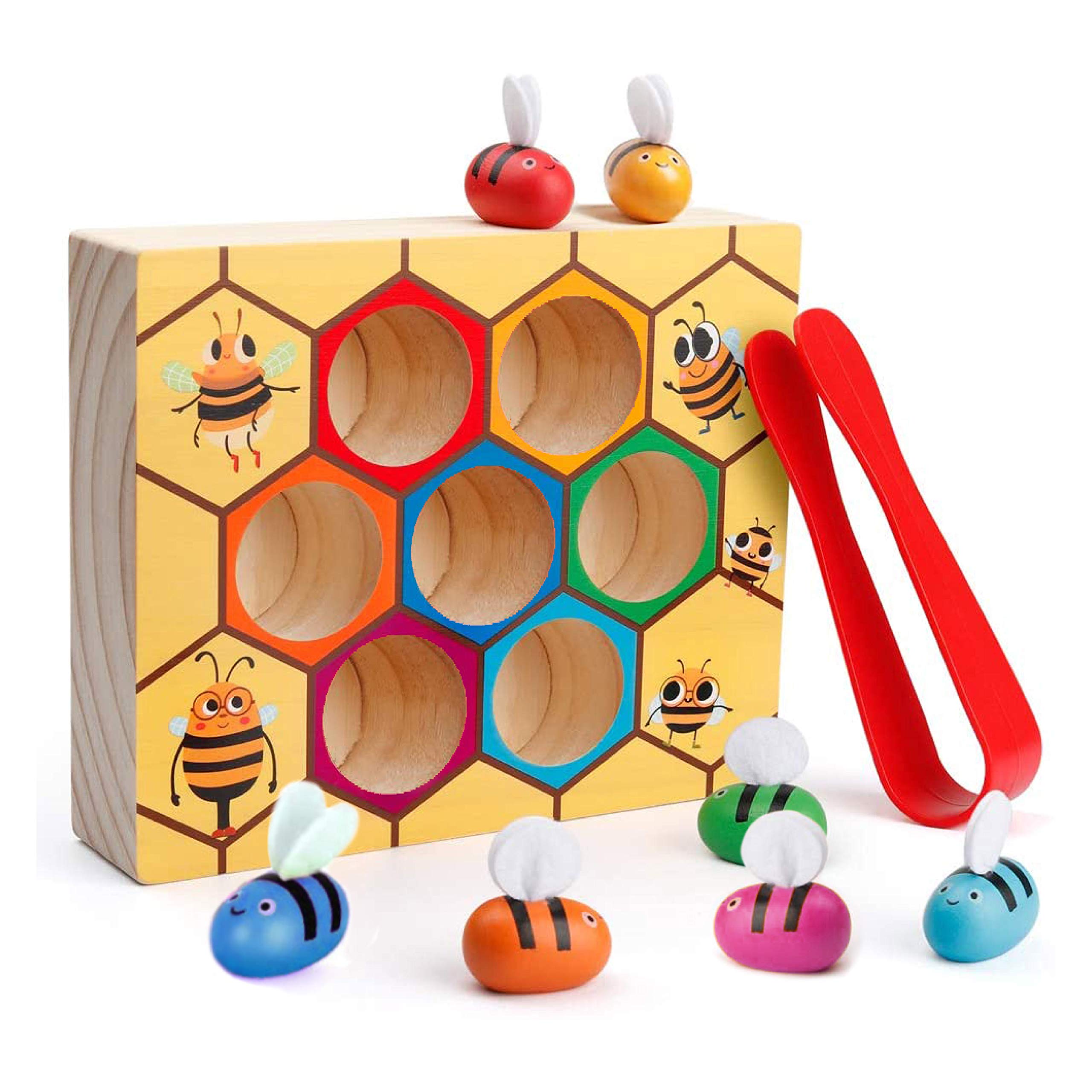 Avenor Toddler Fine Motor Skills Toy for 3 4 5 Year Old - Clamp Bee to Hive Matching Game - Montessori Wooden Color Sorting Early Learning Preschool Educational Gift Toys for 3+ Years Old Kids