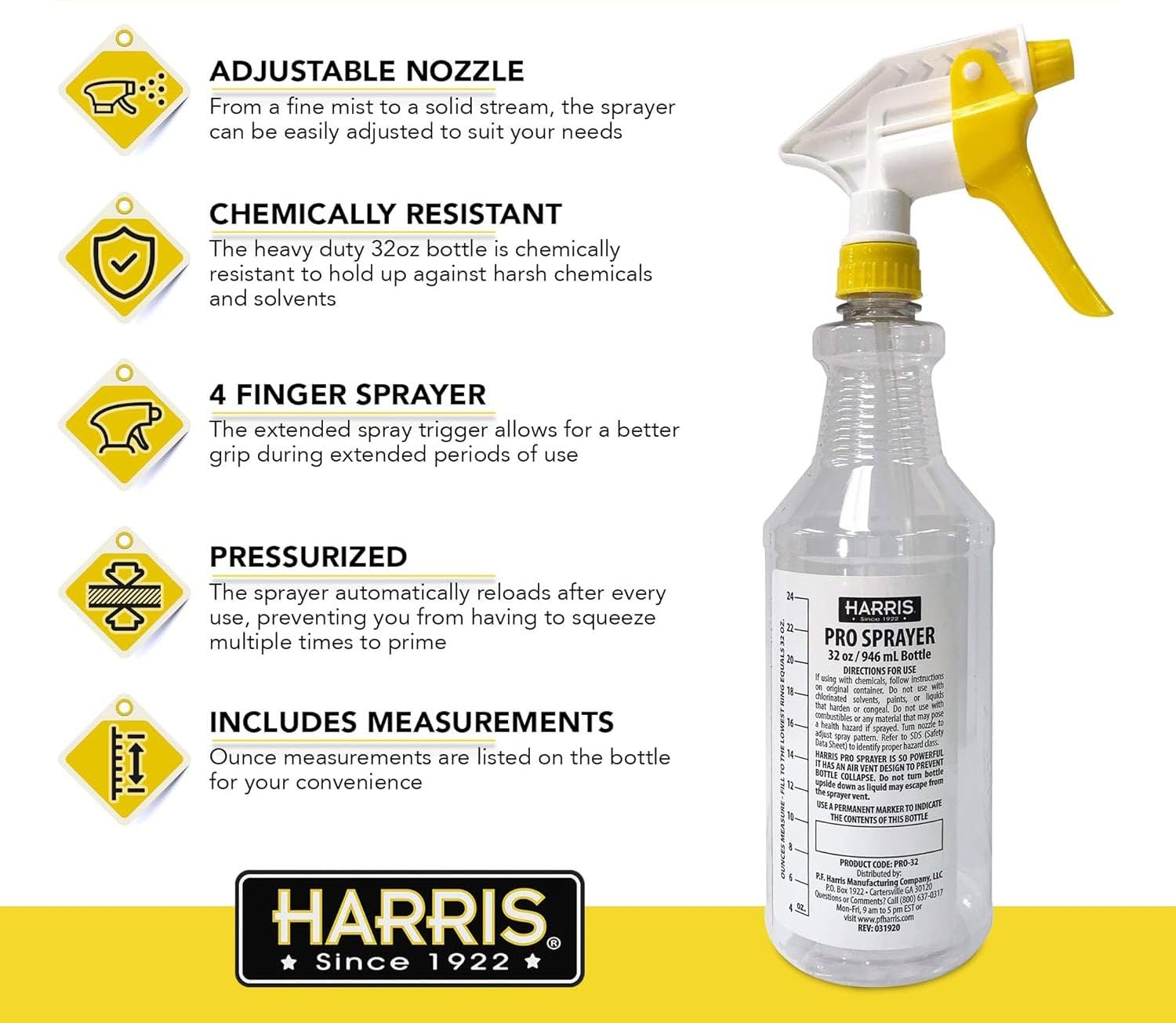 HARRIS Professional Spray Bottle 32oz, All-Purpose for Cleaning and Plants with Clear Finish, Pressurized Sprayer, Adjustable Nozzle and Measurements