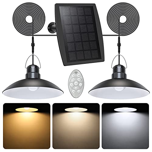 AGPTEK Solar Pendant Lights Outdoor Indoor, Dual Head Solar Shed Lights IP65 Waterproof Solar Lamp Indoor Solar Lights with Remote for Shed, Gazebo, Home, Patio, Barn, Chicken Coop, Porch, Garage