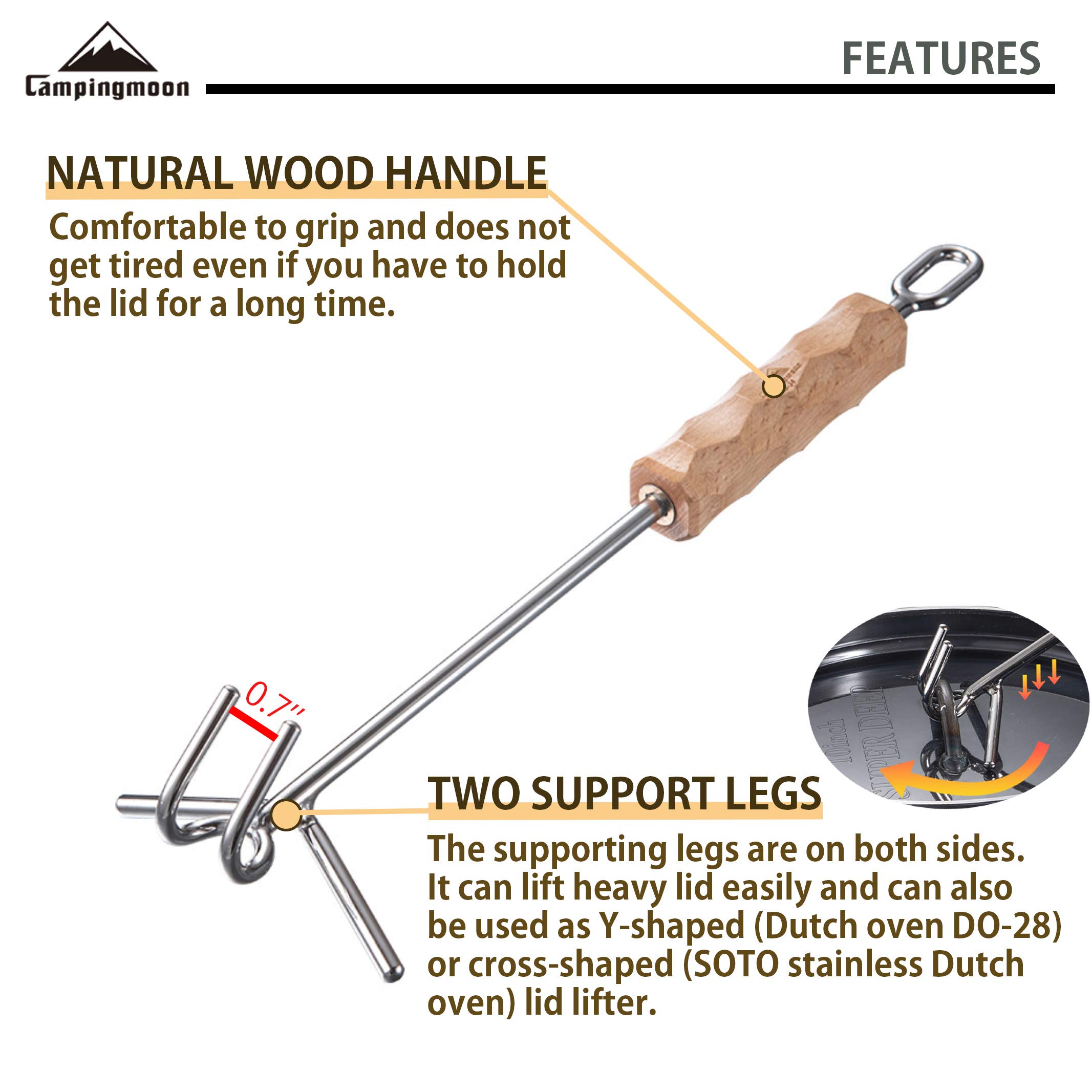 CAMPINGMOON Camp Dutch Oven Lid Lifter for Lifting and Carrying Dutch Ovens with Wood Handle MS-34