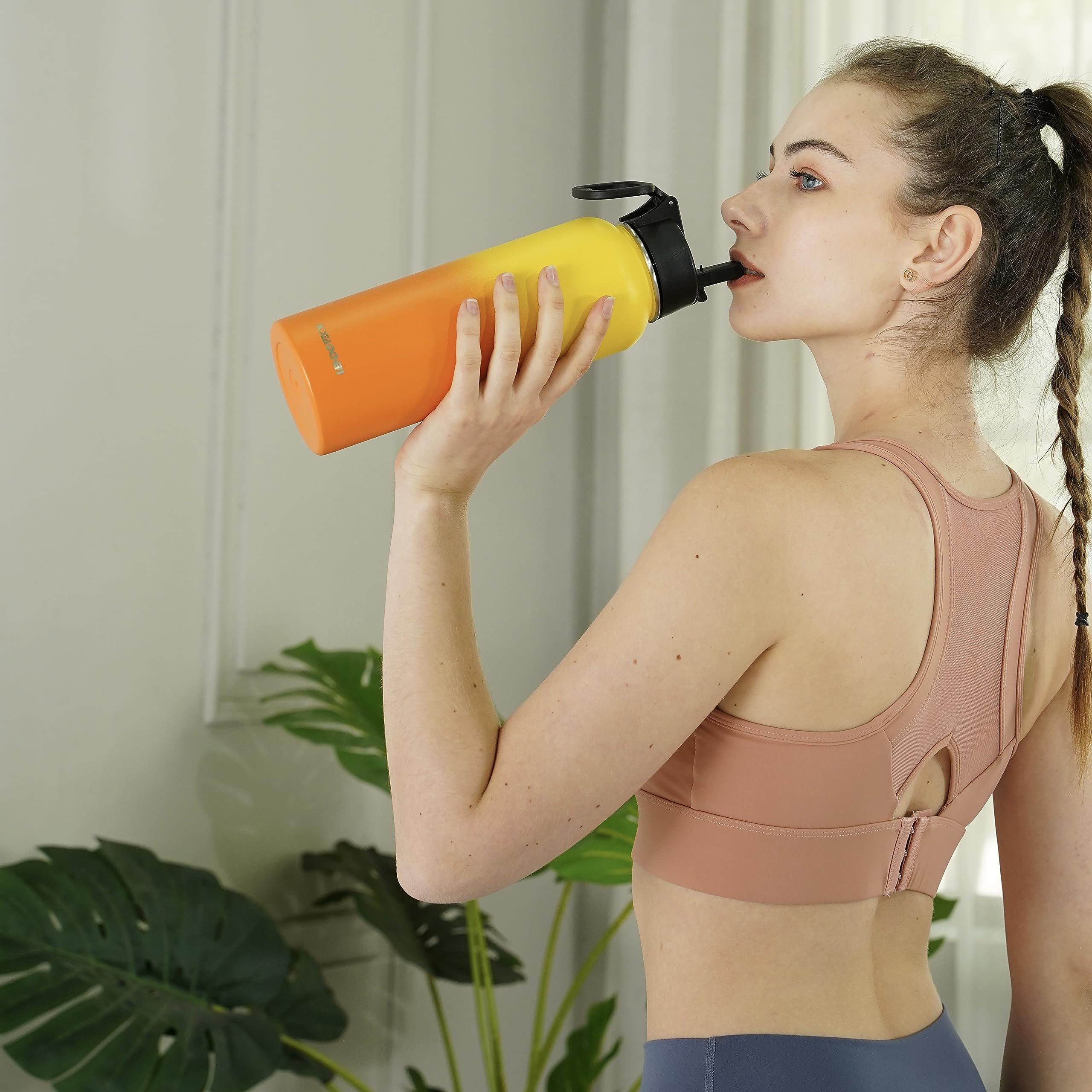 32 oz Insulated Water Bottle with Paracord Handles & Strap, 2 Lids(Straw Lid&Spout Lid), Stainless Steel Reusable Wide Mouth Metal Water Bottle With Straw, Double Walled, Thermo Mug(Mango Yellow)