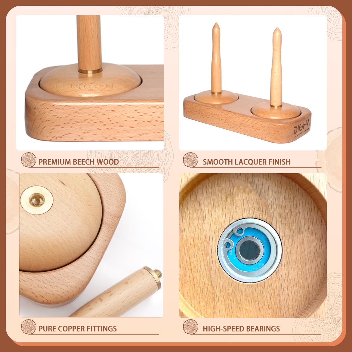 DICHA Beech Double Wood Yarn Holder-Advanced Metal Twirling Mechanism Lazy Susan-Big Stand Ball Spindle Sewing Crocheting Tool-Yarn Storage