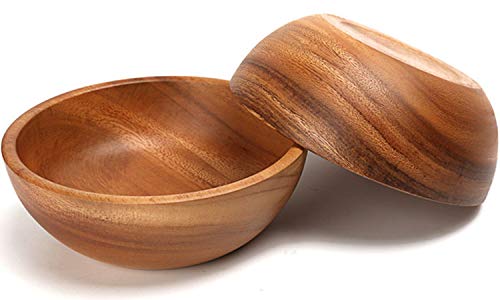 Acacia Wood Bowls Small Size for Handmade -Carved Dia 4"x 1.5 H Set of 4 Calabash Bowls (FREE 4 Wood Spoons)