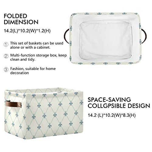 Fleur De Lis Storage Basket Floral Plaid Storage Organizer Box Bin Large Collapsible Cube Baskets with PU Handles for Shelf Closet Nursery Laundry 2 Pack