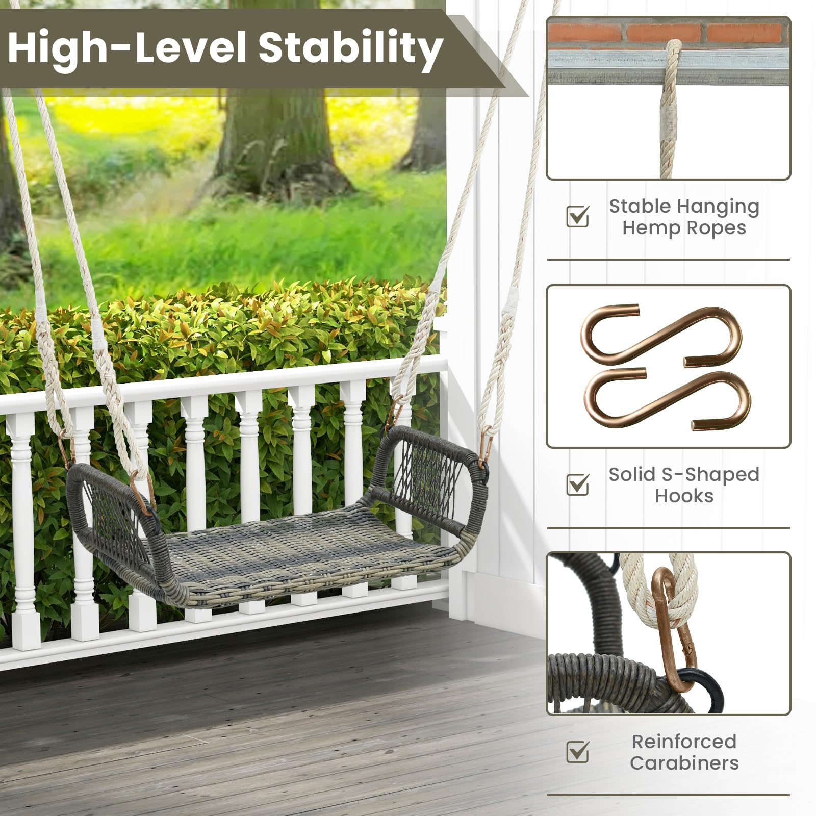 HAPPYGRILL Wicker Porch Swing, Curved Rattan Swing Seat with Cozy Armrests, Patio Wicker Tree Swing with 2 Hanging Hemp Ropes, Outdoor Swing Chair for Front Porch Backyard
