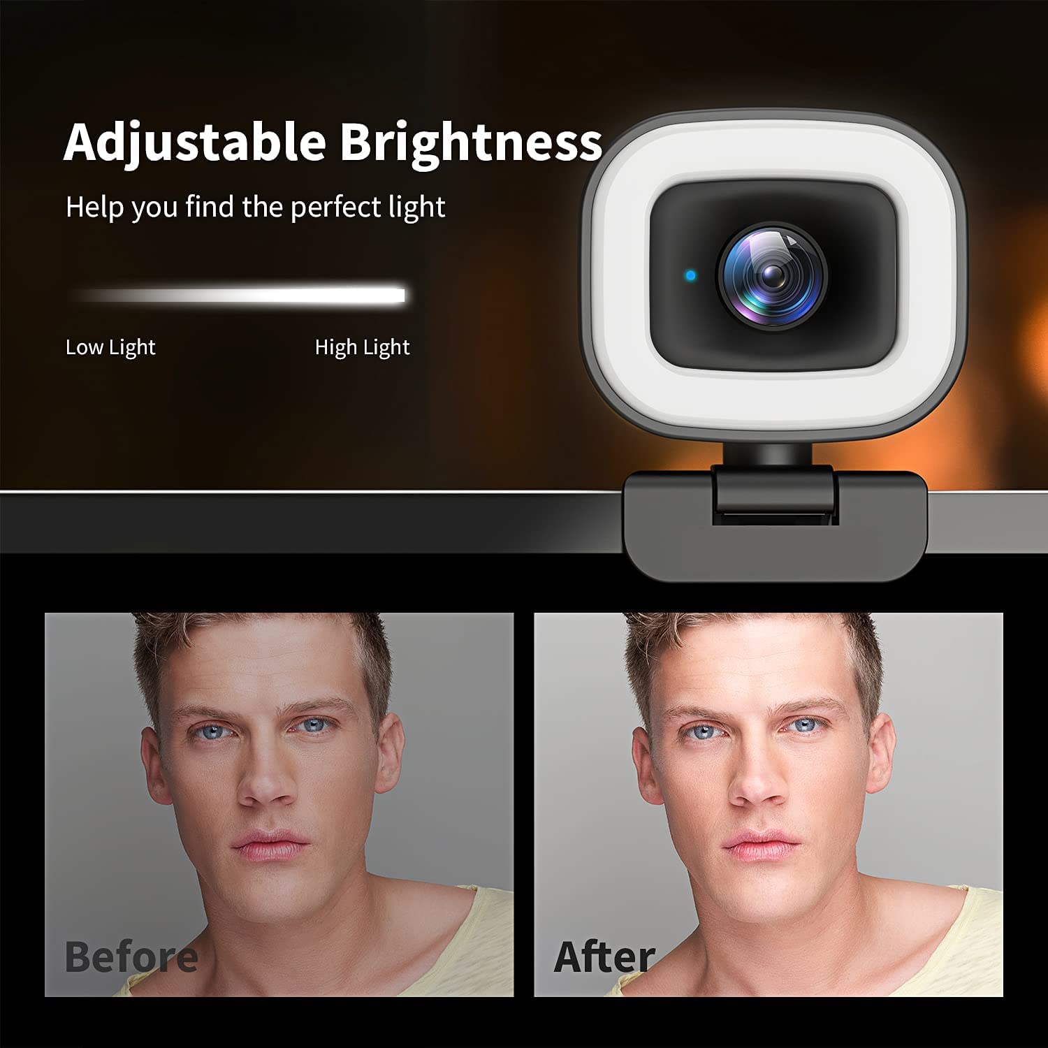 60FPS Webcam with Ring Light, Auto-Focus 1080P Web Camera with Dual Microphone and Privacy Cover,Streaming Webcam for YouTube, Skype, Zoom, Twitch, OBS, Xsplit and Video Calling