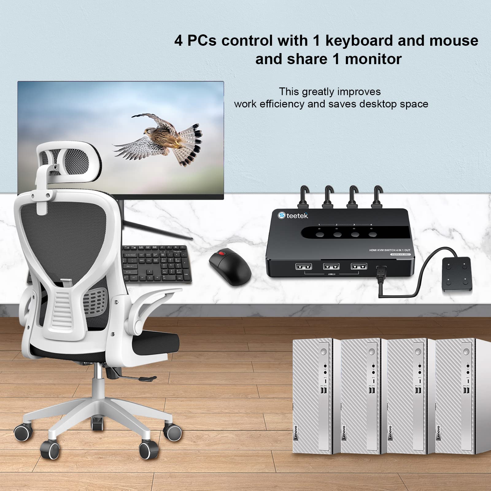 4x1 KVM Switch 4 Port HDMI Box, Ultra HD 4K@30Hz KVM with 3 USB 2.0 Hub, 4 Computers Share 1 Monitor, 4 Port HDMI KVM Switch Support Wired Remote Switch and Button Switch, with 4 HDMI and USB Cables
