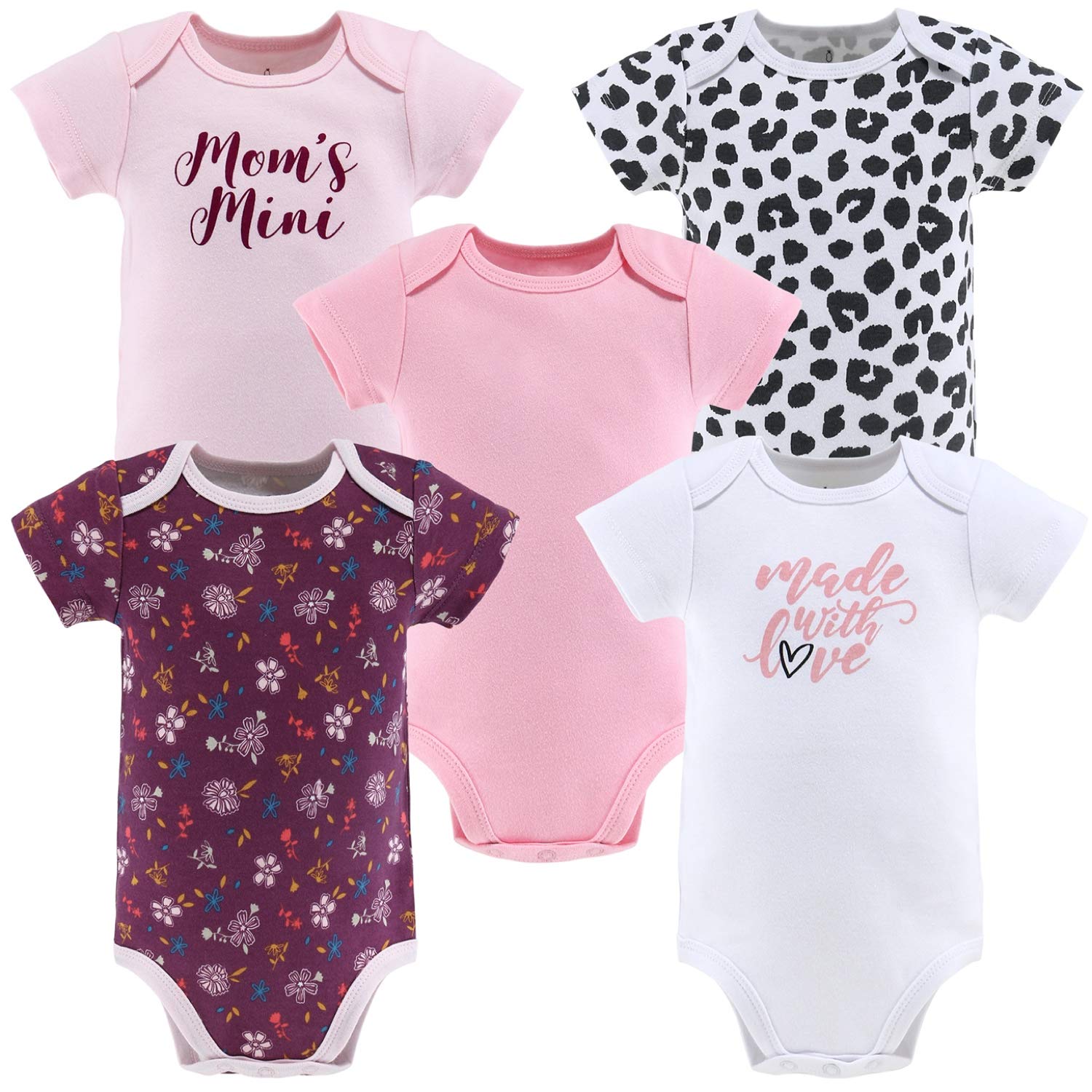 The Peanutshell Short Sleeve Baby Bodysuits Set for Baby Girls - Cheetah, Pink, Floral Maroon - 5 Pack Set… (Newborn)