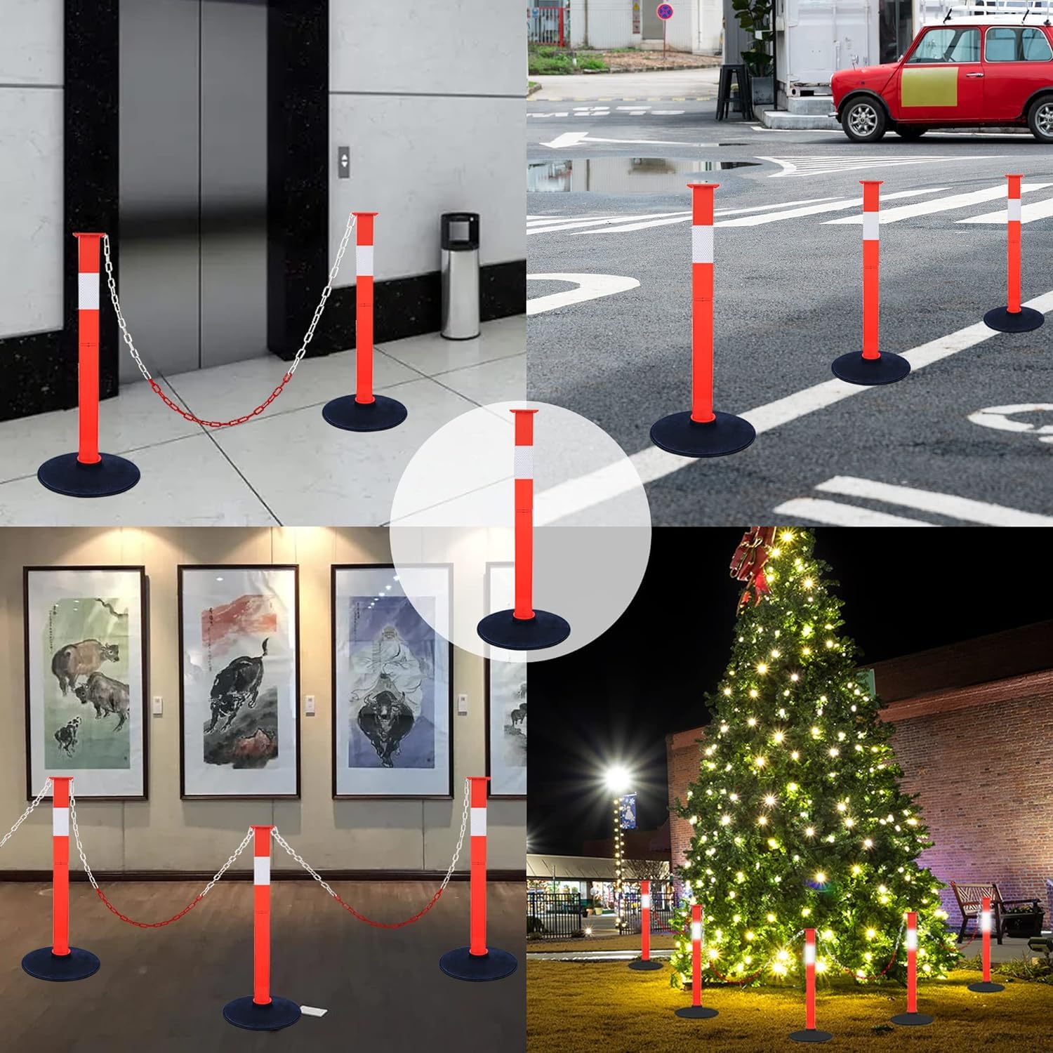 4 Pack Traffic Delineator Post Cones with Weighted Base & Reflective Collars, Adjustable Orange Traffic Safety Barrier with Plastic Chains for Parking Lot Driveway Road