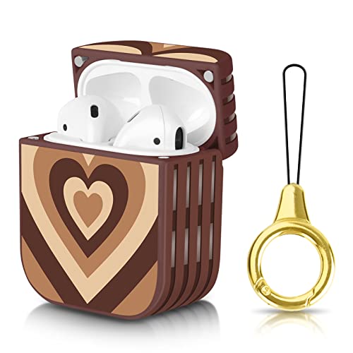 AIGOMARA Brown Case for Cute Stripe Non-Slip Edge Magnetic Closure Design Shockproof Protective Hard Cover for 1&2 Charging with Lanyard Buckle (Brown Love Heart)