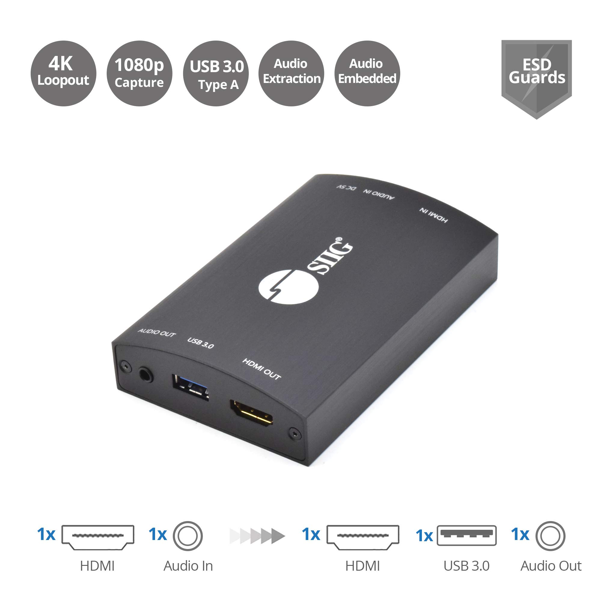 SIIG USB 3.0 HDMI A/V Capture Card with 4K60 Loop Out, HDMI 4K60 Capture USB 3.0 1080p Record,Audio Extract & Microphone,for DSLR Camcorder Live Streaming,Video Conference,TAA Compliant CE-H26H11-S1