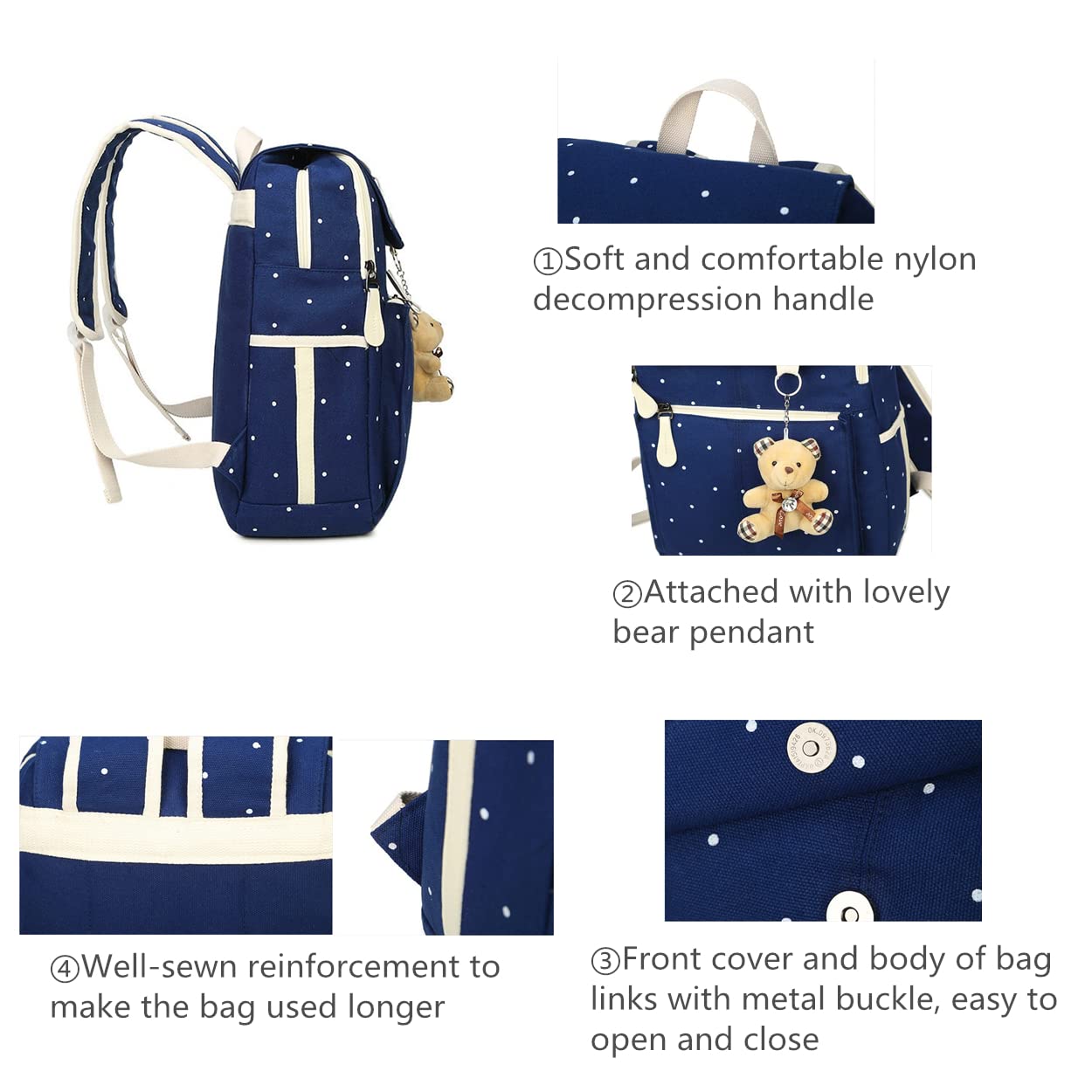 3Pcs Polka-Dot Girls Backpack Set for School Elementary, Canvas Casual Daypack Backpacks for Girls with Crossbody Bag