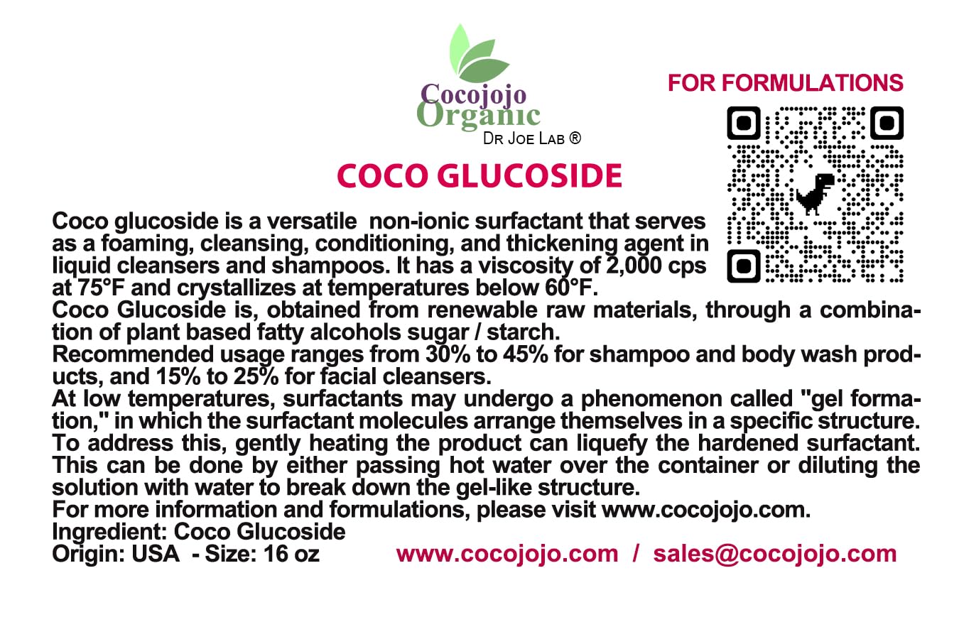 cocojojo Coco Glucoside Natural Surfactant - Surfactants for Soap Making DIY Shower Gel, Skin Care, Body and Face Wash, Plant Derived, Natural - 16 Oz