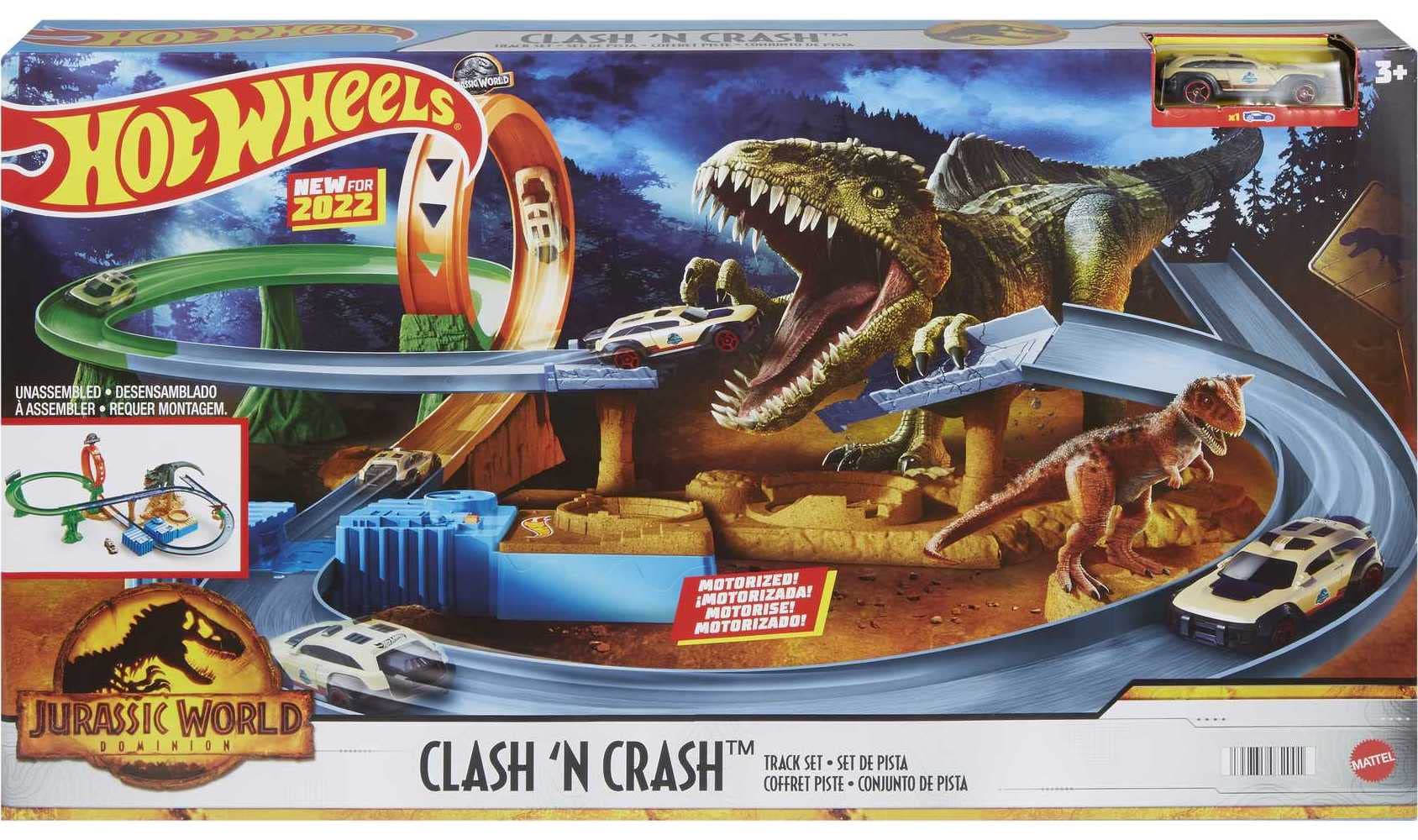 Hot Wheels Jurassic World Dominion Toy Cars Track Set, Clash 'N Crash Playset with Motorized Booster & 1:64 Scale Car