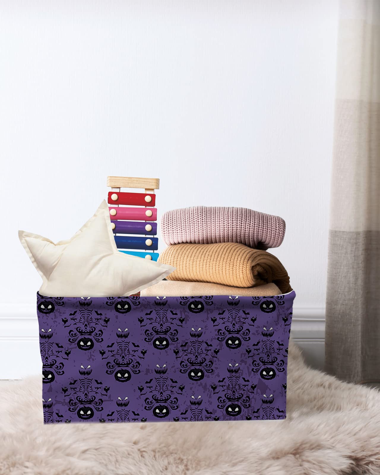 Halloween Pumpkin Waterproof Fabric Storage Basket for Organizing Bedroom Bathroom Laundry Room Collapsible Storage Bins Haunted Mansion Decorative Shelf Basket for Gifts Empty
