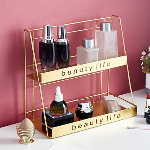 BESPORTBLE Cosmetic Storage Rack Makeup Organizer Shelf 2 Tier Cosmetic Storage Basket with Tray for Cosmetics Countertop Storage Organizer Standing Rack for Dresser Countertop Bathroom Gold