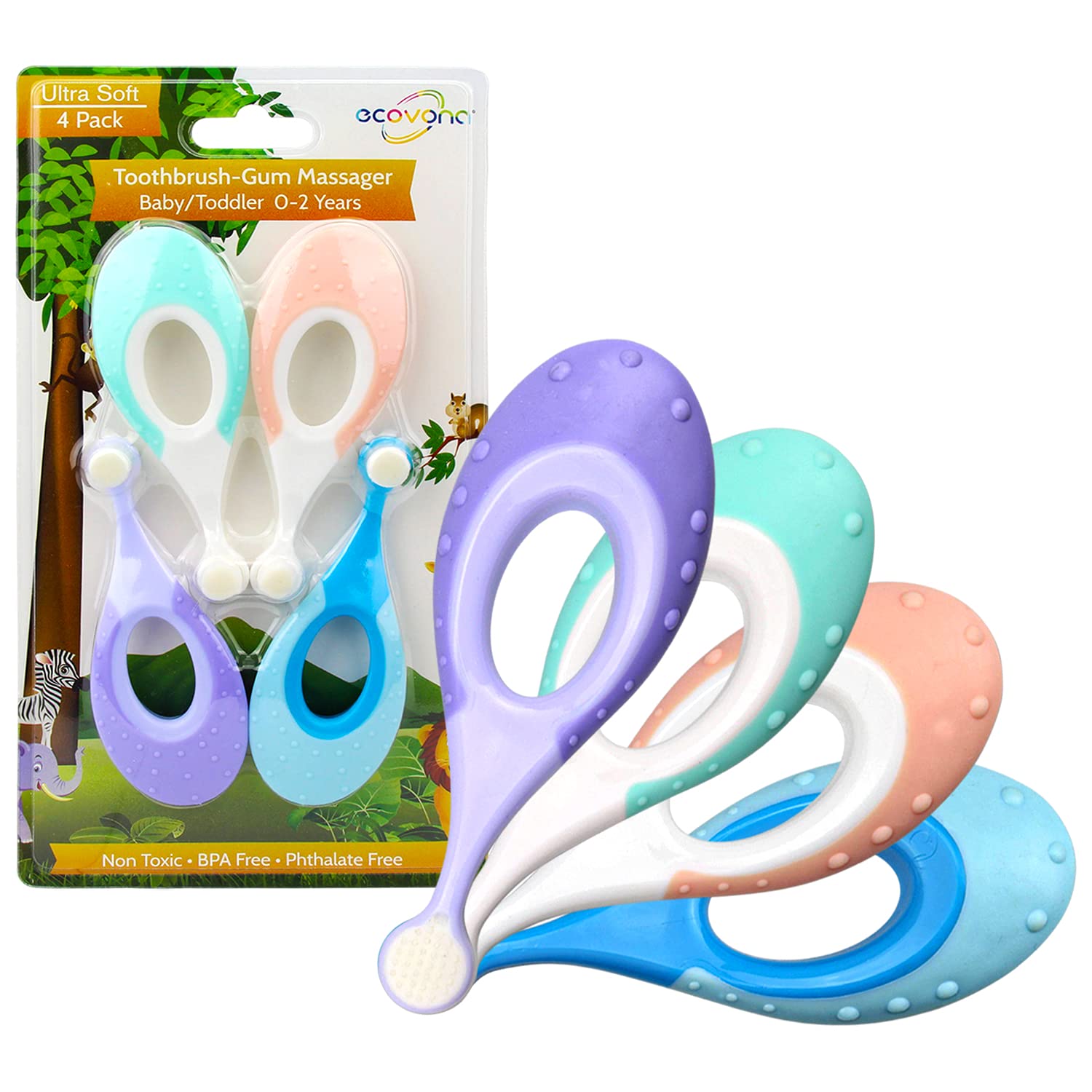 Ecovona Baby Toothbrush & Toddler Toothbrush for Age 0-2 Years Old | Extra Soft Bristle for Baby Teeth & Infant Gums | BPA-Free, Easy-Grip Finger Handle & Teething Pad | Dentist Recommended | 4-Pack