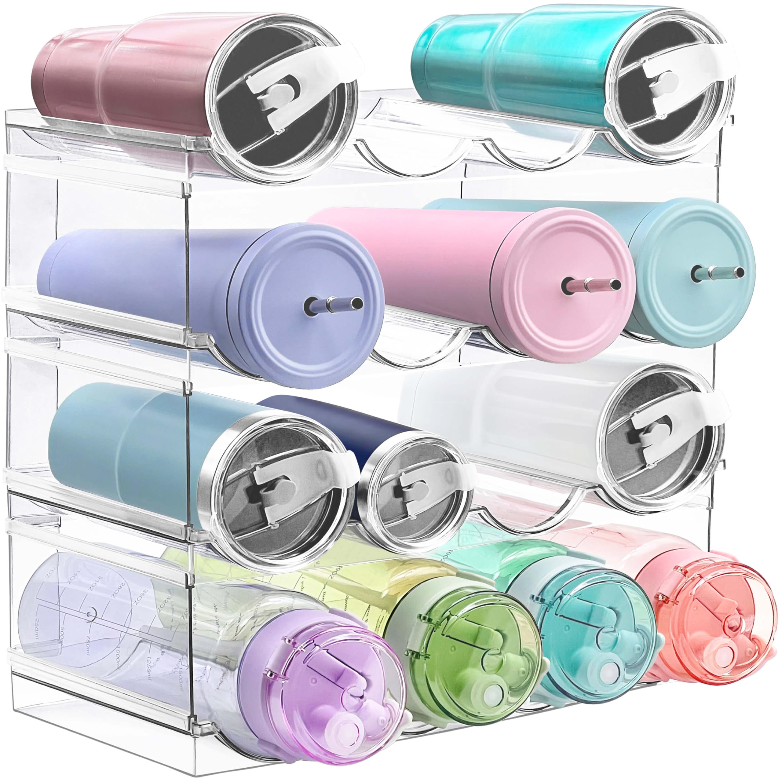 4 Pack Water Bottle Organizer, Large Compartment Stackable Kitchen Pantry Organization and Storage Rack, Plastic Water Bottle Holder for Kitchen Cabinet Organizer and Storage, Tumbler Mug Cup Shelf