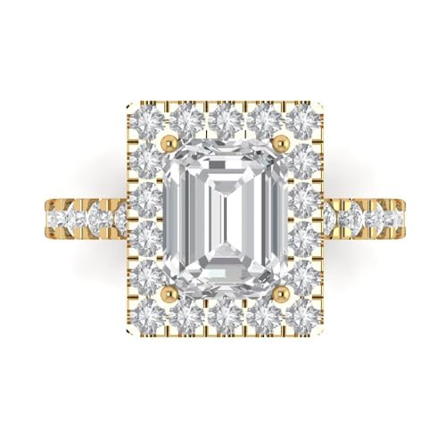 3.84 Ct Emerald Cut Clear Simulated Diamond 14K Yellow Gold halo Solitaire with Accents Engagement Anniversary Ring Size 3.75