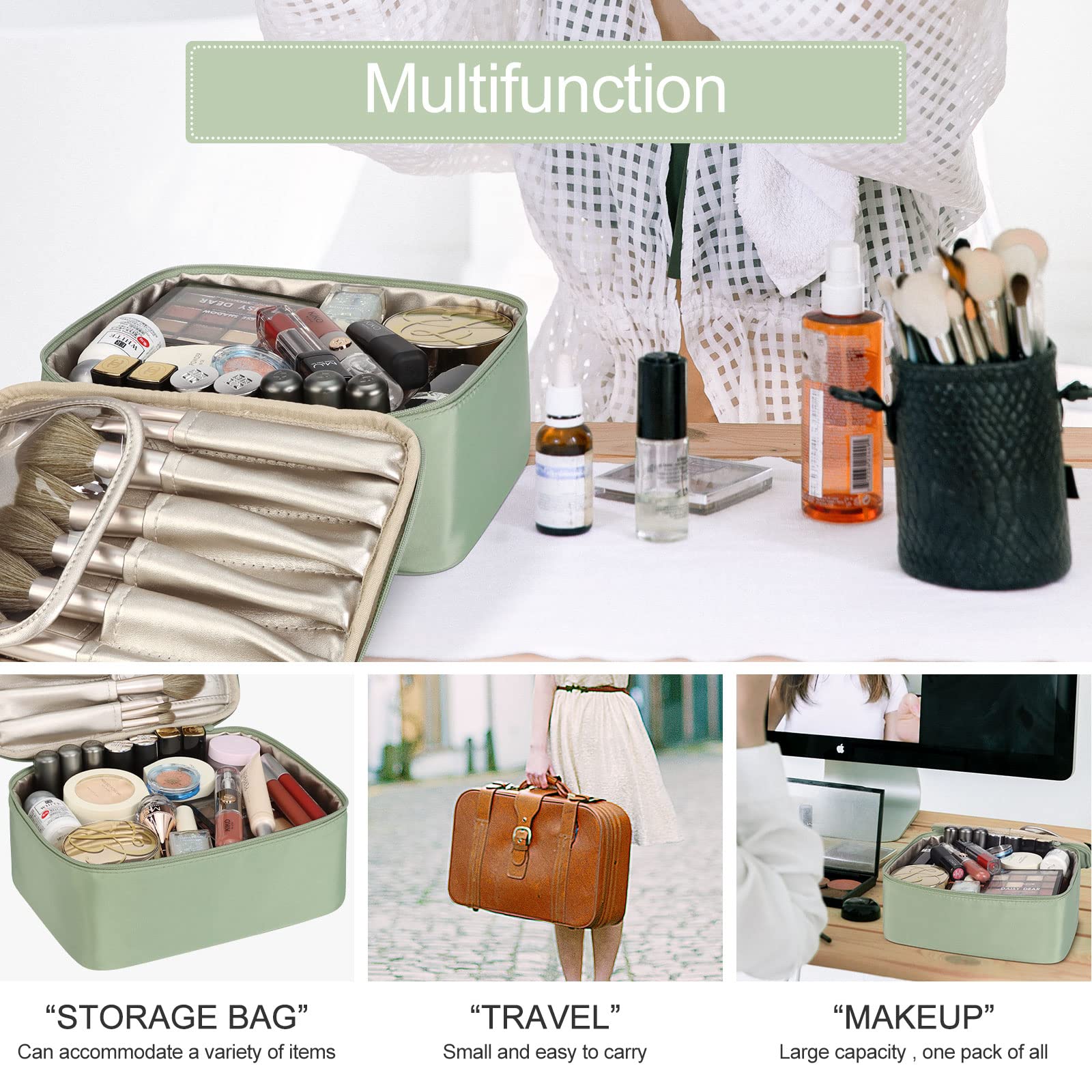 Pocmimut Makeup Bag,Cosmetic Bag for Women Travel Make Up Bag with Brush Compartment for Women(Green)