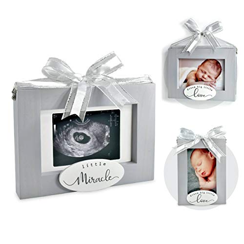 Iām Solid Wood Sonogram Pregnancy Baby Ultrasound 2 Sided Photo Frame, Great for Expecting New Parents Keepsake & Nursery DĆ©cor āLittle Miracle/Dream Big Little Love" (Gray)
