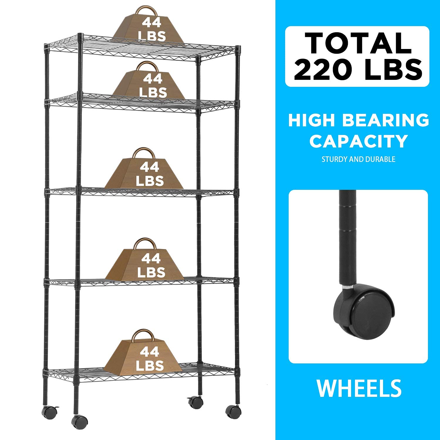 FDW 30" L×14" W×60" H Wire Shelving Unit Metal Shelf with 5 Tier Casters Adjustable Layer Rack Strong Steel for Restaurant Garage Pantry Kitchen Garage,Black