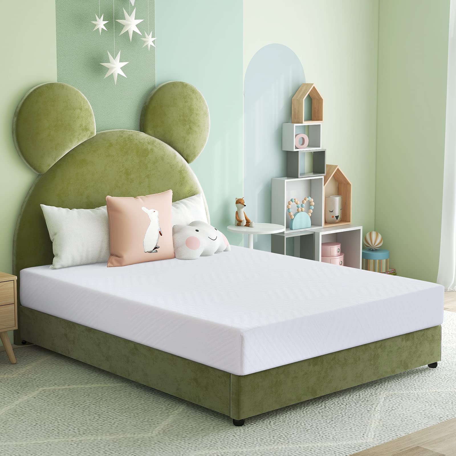 Airdown Twin Mattress, 8 Inch Memory Foam Mattress for Kids, Medium Firm Green Tea Gel Mattress, Twin Size Mattress in a Box, Low Profile for Bunk Bed, Made in USA, CertiPUR-US Certified,White