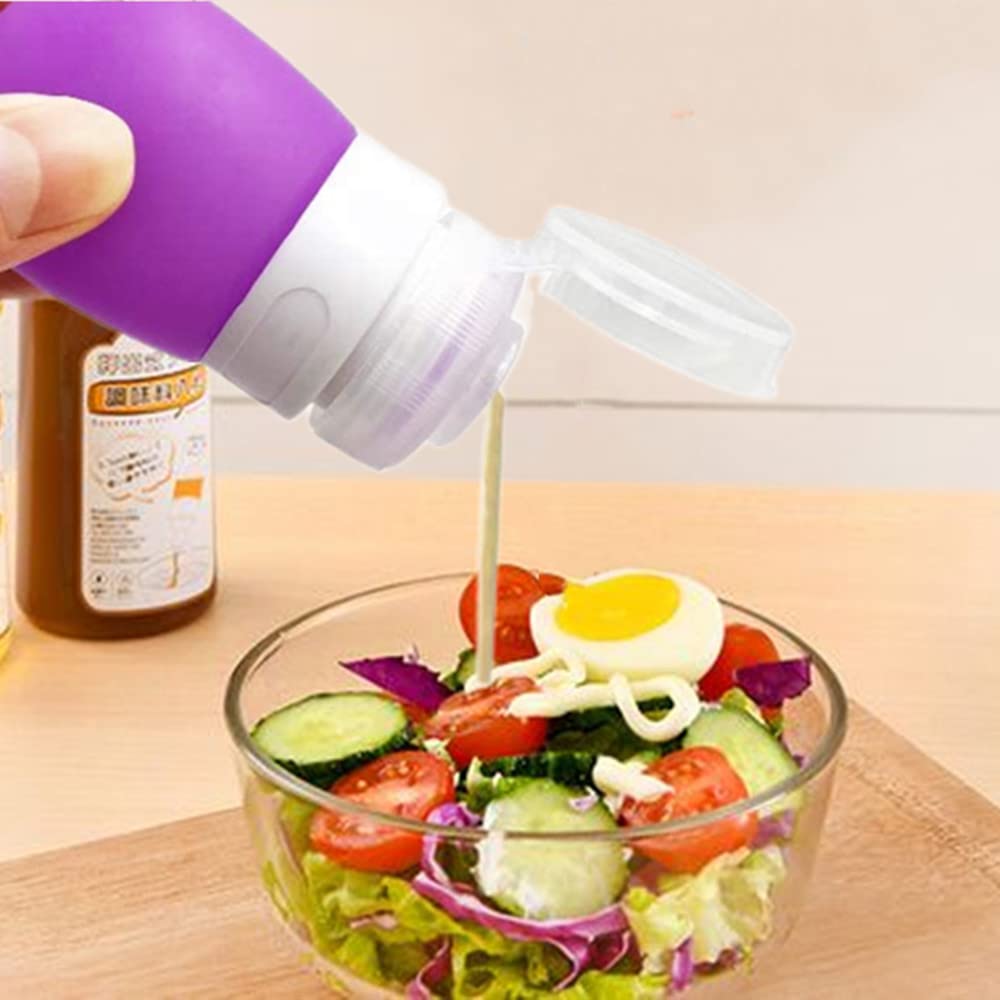 Accfore 5 Pack Squeeze Salad Dressing Bottles, 1.3oz and 2 oz. Portable Sauce Containers, Leak Proof Food Storage Condiment Bottles, Comes with 2 pcs Cleaning Brushes - 5 Colors
