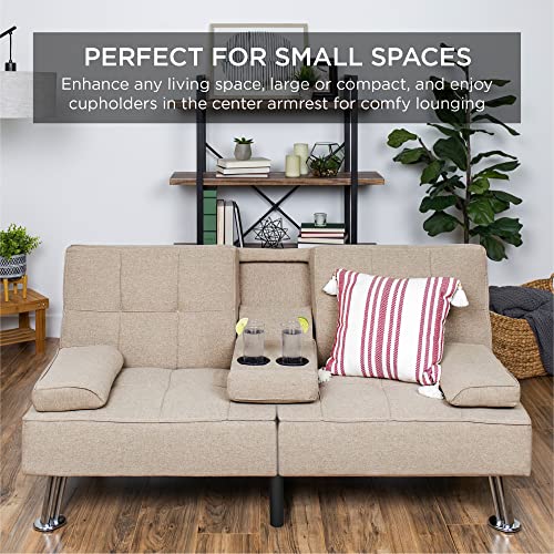 Best Choice Products Linen Upholstered Modern Convertible Folding Futon Sofa Bed for Compact Living Space, Apartment, Dorm, Bonus Room w/Removable Armrests, Metal Legs, 2 Cupholders - Beige