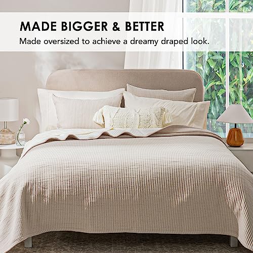 EVERGRACE Quilt King Size, Ultra Soft Cotton Blend Quilt Sets, Pre-Washed Channel Pick Stitch Bedding Sets, Reversible Oversized Bedspread, Lightweight Matelasse Coverlet with 2 Shams, Beige