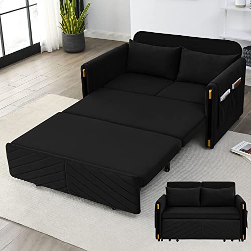 CALABASH Sofa Bed,Pull Out Couch Bed Sleeper Sofa,54" Modern Convertible Velvet Loveseat with 2 Pillows and Side Pockets, Small Love seat Sofa Bed w/Headboard for Living Room, Apartment (Black)