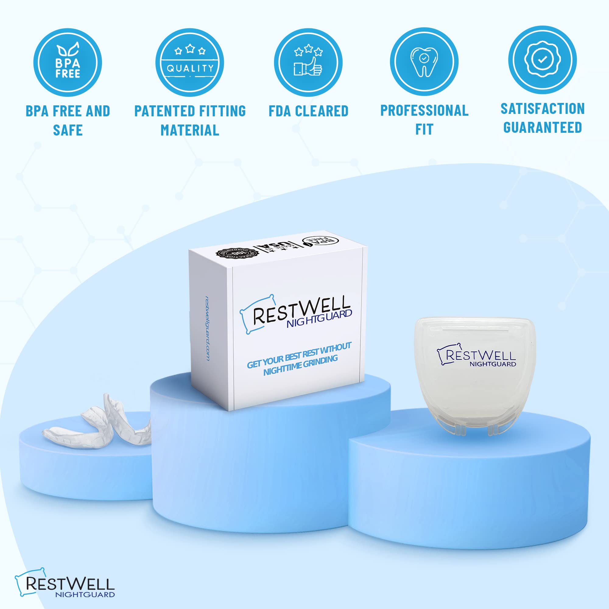 Restwell Dental Nightguard for Teeth Grinding, Bruxing & TMJ Relief, Anti Protector, Clear, 3 Piece Set, 2 Count