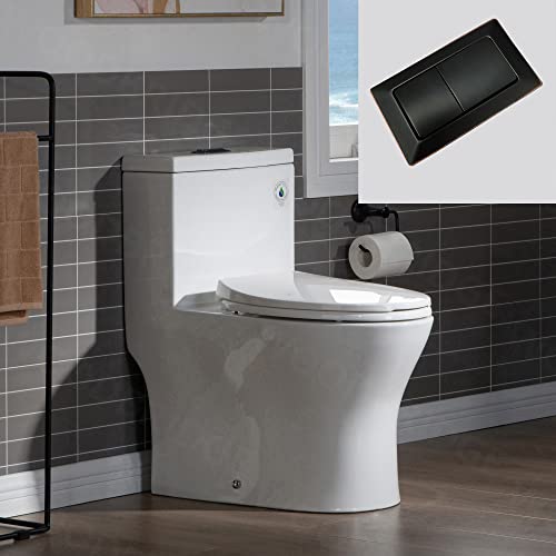 WOODBRIDGEE Modern Elongated One piece Toilet Dual flush 1.0/1.6 GPF,with Soft Closing Seat,1000 Gram MaP Flushing Score Toilet with Oil Rubbed Bronze Button,B0750-ORB,White