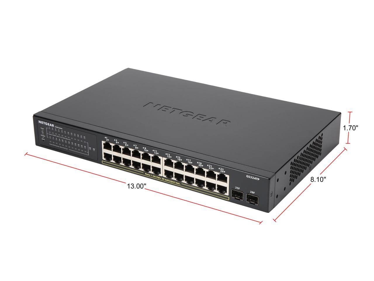 NETGEAR 26-Port PoE Gigabit Ethernet Smart Switch (GS324TP) - Managed, with 24 x PoE+ @ 190W, 2 x 1G SFP, Desktop or Rackmount, S350 series