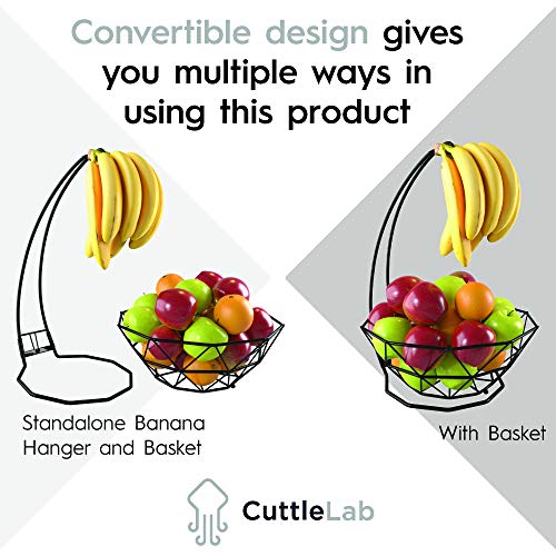 CuttleLab Fruit Basket with Banana Hanger (Black, 1-Tier), Fruit Bowl with Banana Holder, Fruit Bowl for Kitchen Counter used as Bread Basket, Vegetable Basket, Fruit Stand,Egg Holder with Banana Tree