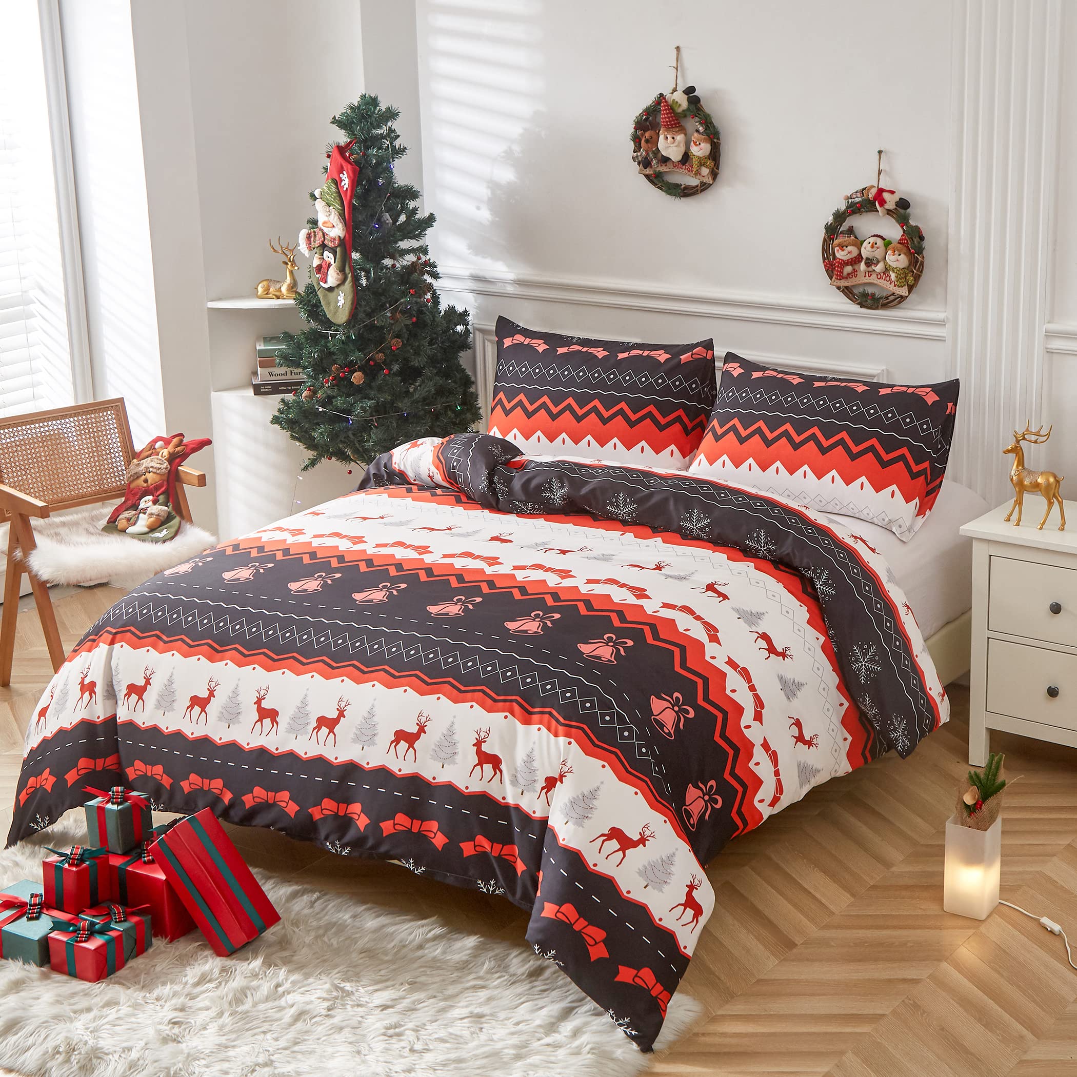 LAMEJOR Christmas Duvet Cover Set Queen Size Soft, Christmas Theme Reindeers/Bells/Christmas Trees Pattern Holiday Decor, 1 Duvet Cover+2 Pillow Cases