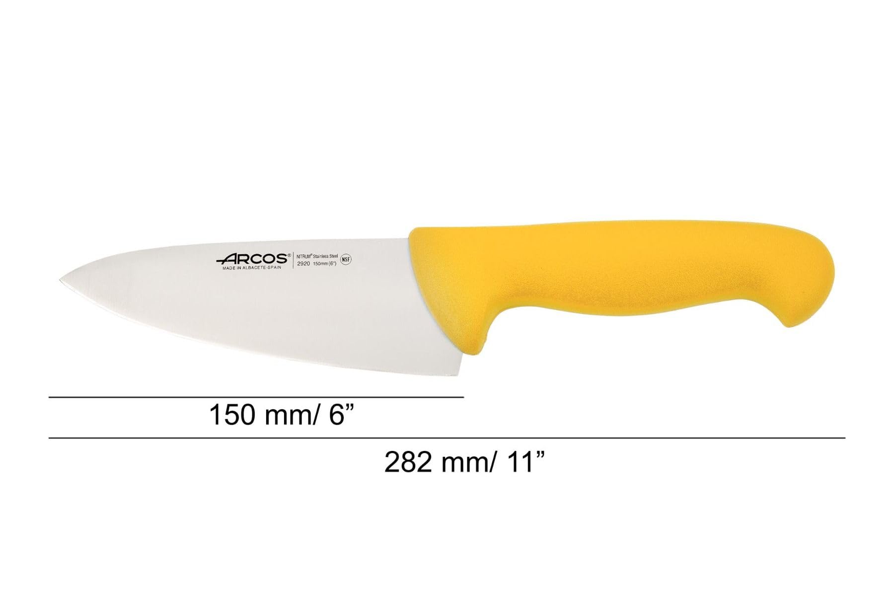 ARCOS Chef Knife 6 Inch Nitrum Stainless Steel and 150 mm blade. Professional Multipurpose Cooking Knife. Ergonomic Polypropylene Handle. Series 2900. Color Yellow