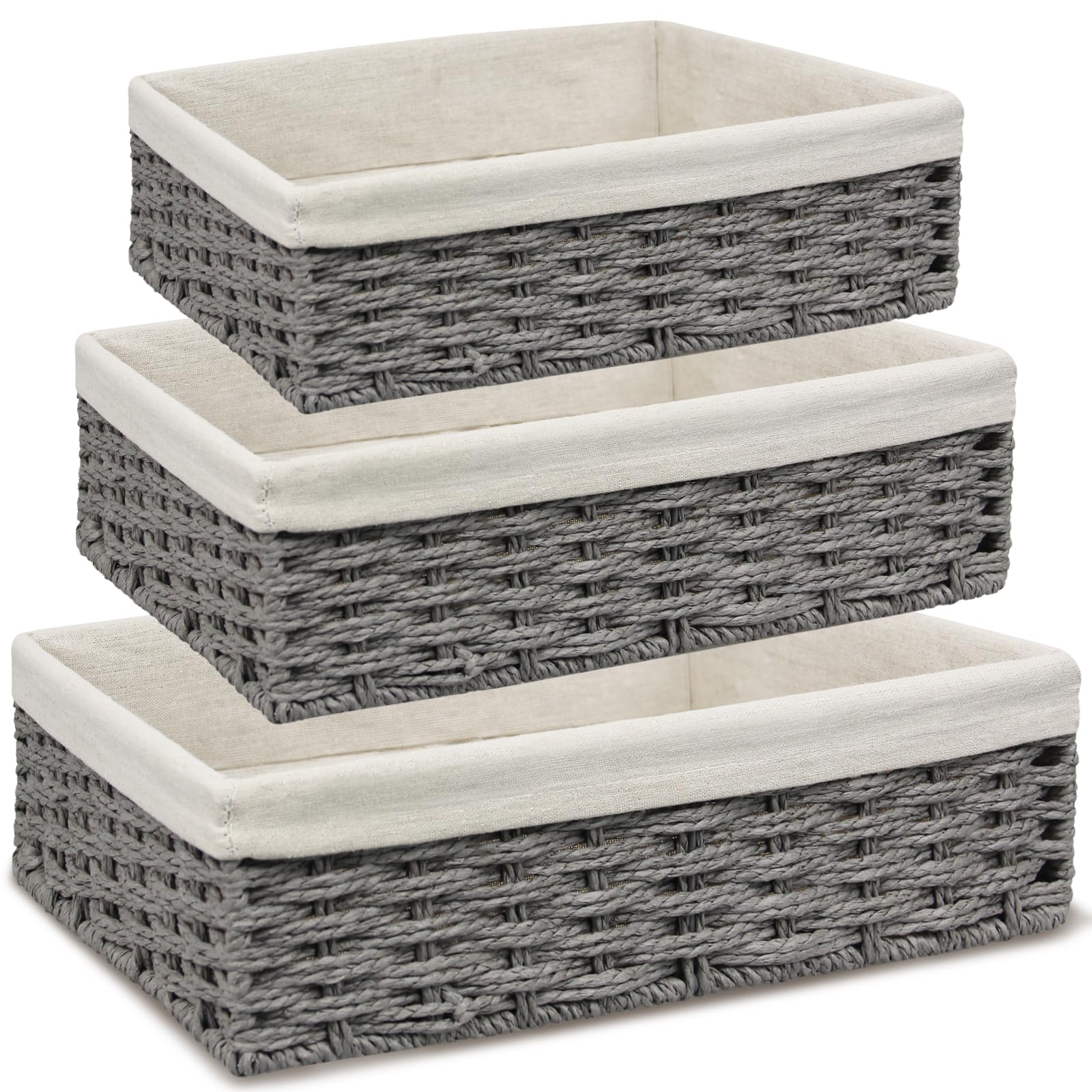 3 PCS Handmade Wicker Baskets for Organizing Storage Basket Set, Boho Decorative Bins, Over Toilet Paper Reserve Holder for Closet, Bedroom, Bathroom, Entryway, Office (grey)
