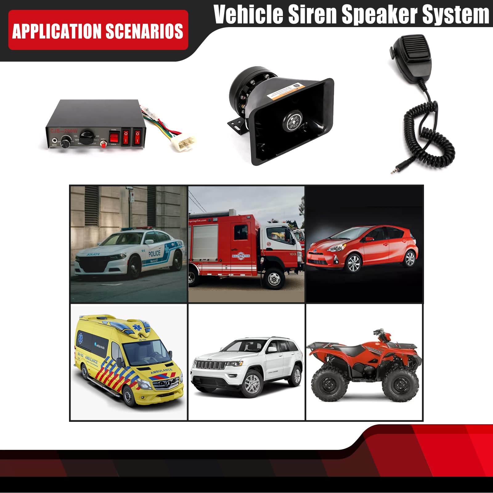 9 Tones Police Siren 200W Wired Handheld Microphone Loudspeaker Emergency Siren Electronic PA System Amplifier Black Plastic Square Speaker DC12V