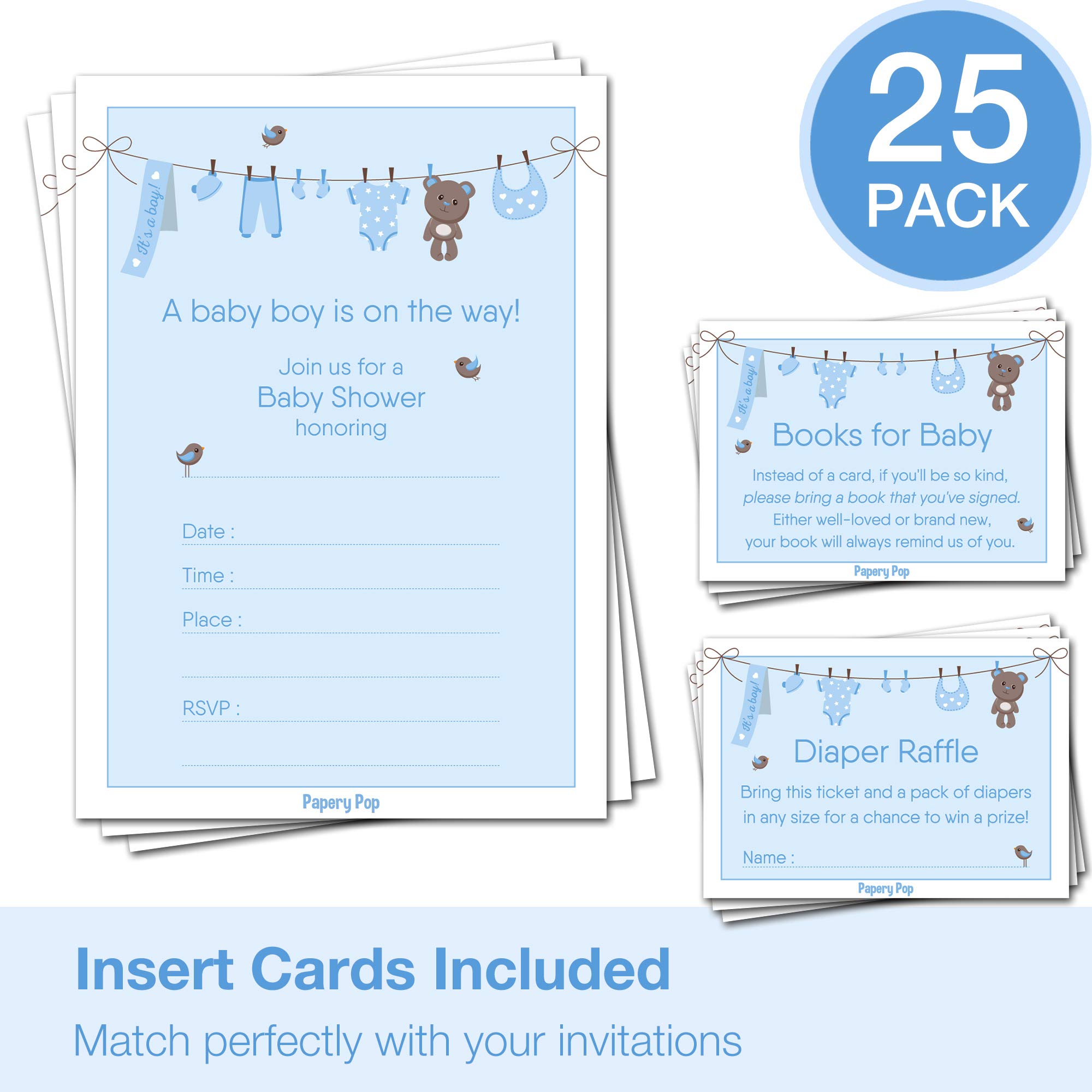 Set of 25 Baby Shower Invitations for Boy with Envelopes, Diaper Raffle Tickets and Baby Shower Book Request Cards