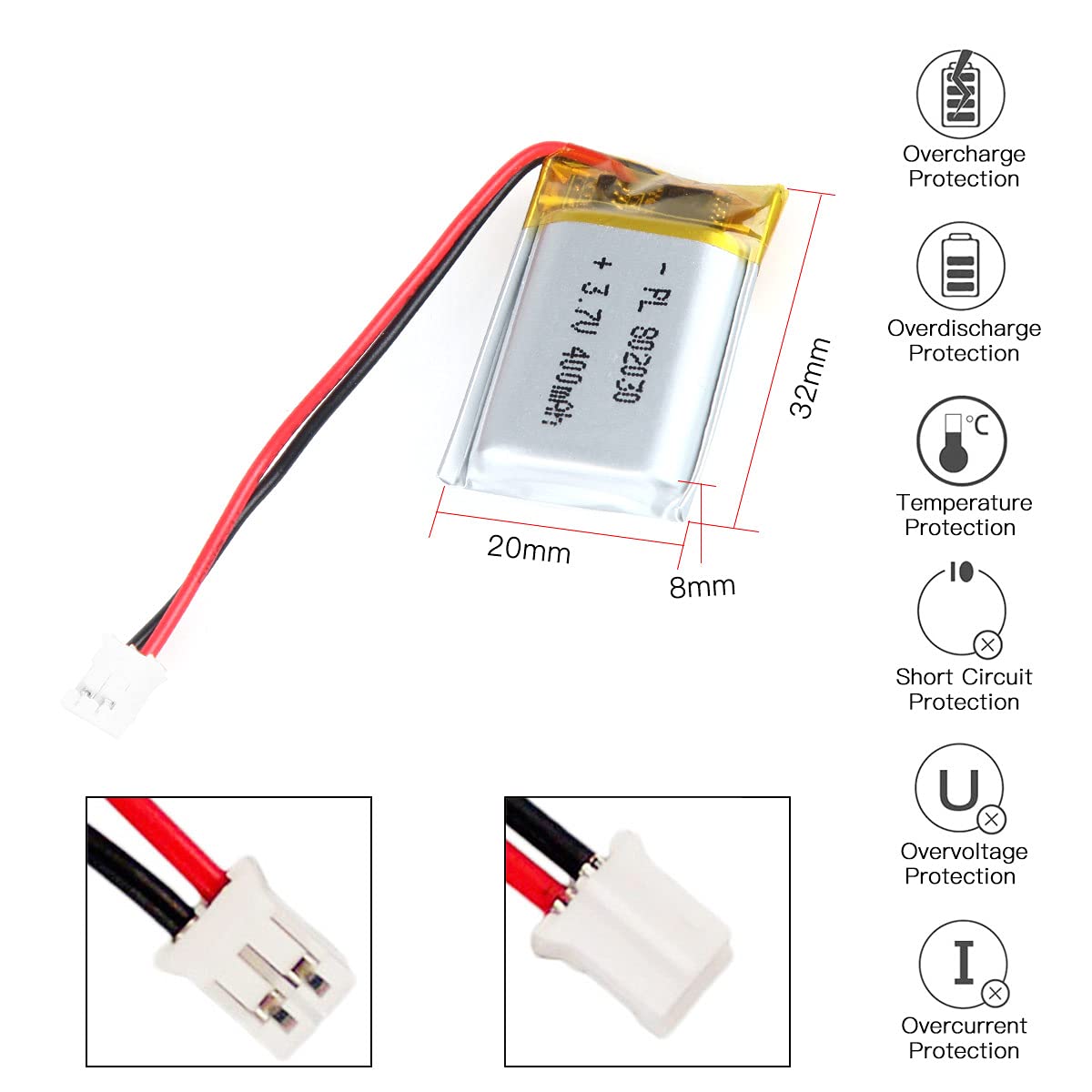 YTKavq 3.7V 400mAh Battery 802030 Lithium Polymer Ion Rechargeable Li-ion Li-Po Battery with 2P PH 2.0mm Pitch Connector