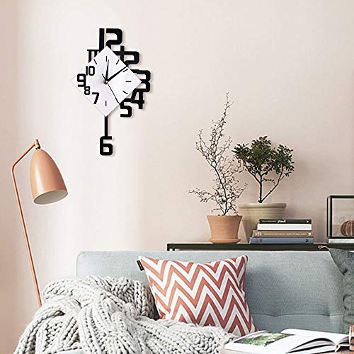 The Geeky Days Large Numbers Pendulum Clock Black and White Modern Design Irregular Numerals Decorative Fashion Silent Quartz Wall Watch with Swinging Number
