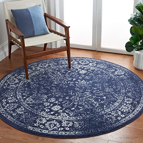 SAFAVIEH Adirondack Collection Area Rug - 8' Round, Navy & Ivory, Oriental Distressed Design, Non-Shedding & Easy Care, Ideal for High Traffic Areas in Living Room, Bedroom (ADR109N)